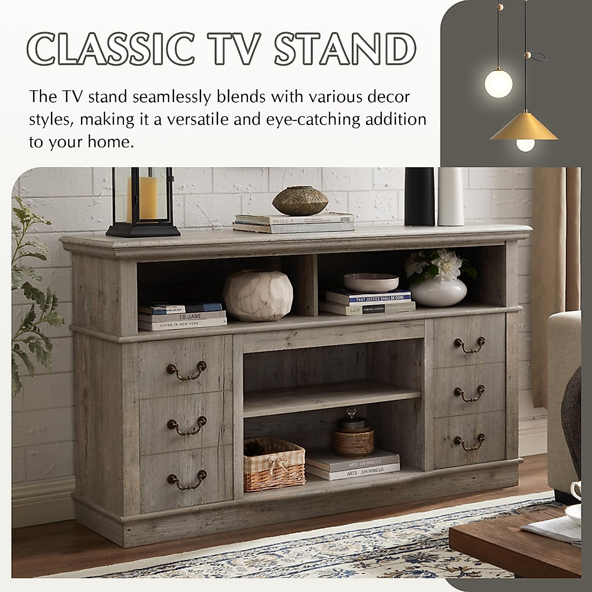 LETESA Traditional Classic Media TV Stand for TV up to 65”, Retro Wooden TV Console with Open and Closed Storage Cabinets for Bedroom, Living Room, Corridor (Light Gray)