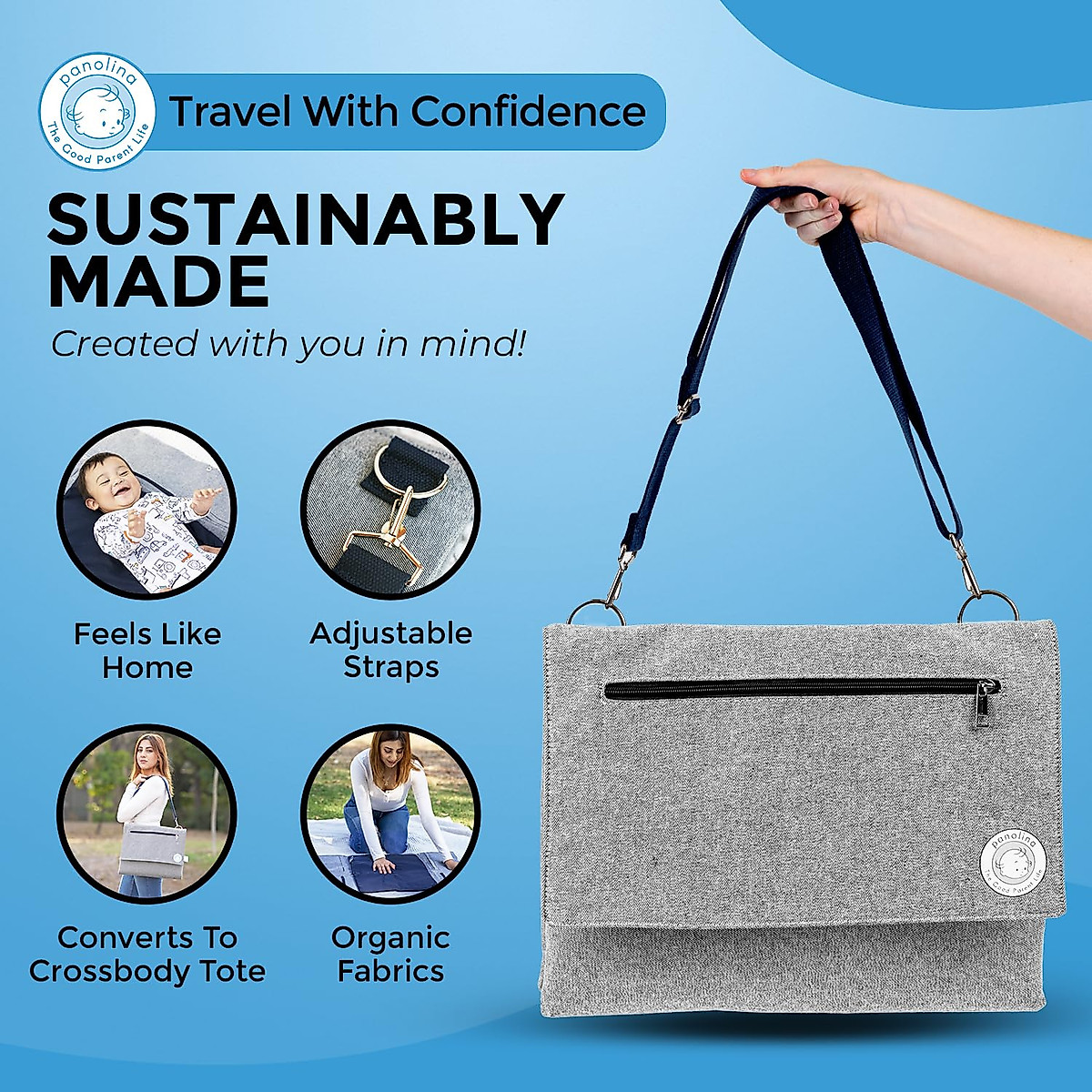 Panolina Tote Diaper Bag with Baby Changing Station - Cute Travel Diaper Bag with Organizing Pouches and Stroller Straps in Messenger Style