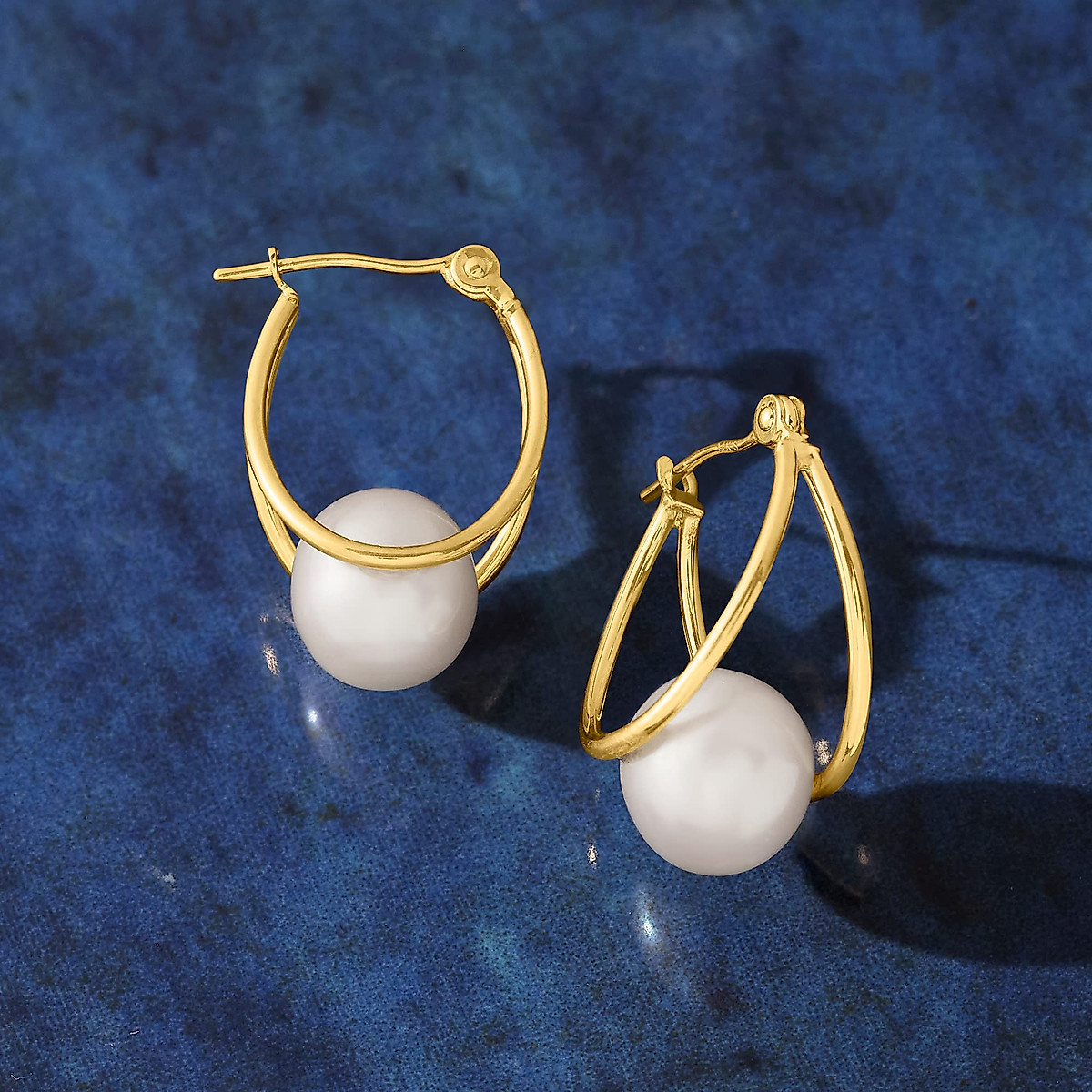 Ross-Simons 8-9mm Cultured Pearl Double-Hoop Earrings in 14kt Yellow Gold. 3/4