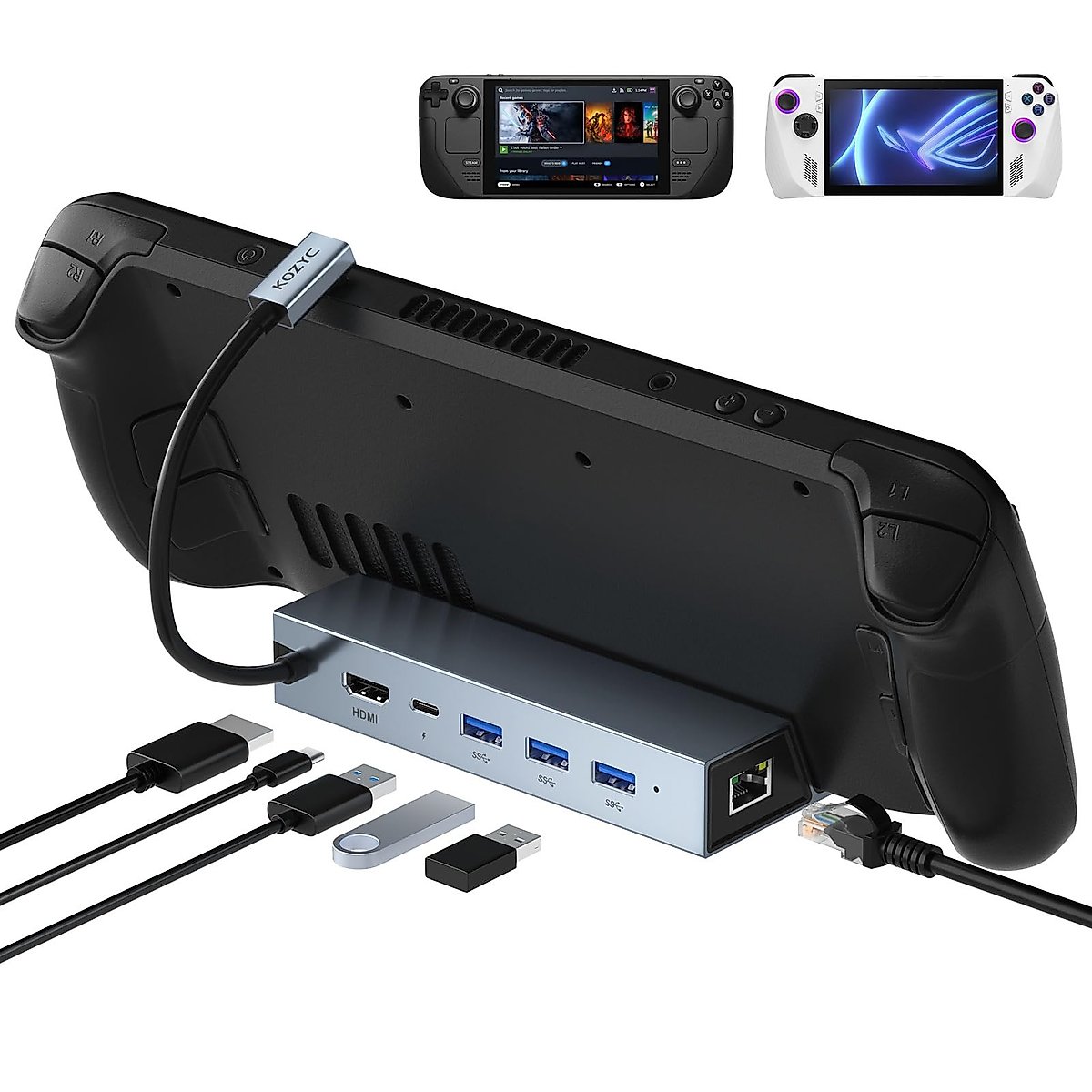 Docking Station for Steam Deck, KOZYC 6 in 1 Stream Deck Dock with HDMI 2.0 4K 60Hz, 1Gbps RJ45 Ethernet, 3 USB 3.0 5Gbps, and 100W Charging USB-C Port Compatible with ROG Ally, Steam Deck, Laptop