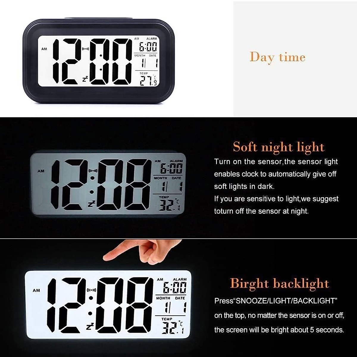 KAIJIELY 4.5" Display-Digital Clock with Large Screen,Night Light Digital Clock with Temperature Display,Alarm Clock with Battery Powered,Office,Kids,Elder Snooze Clock(STYLE B)