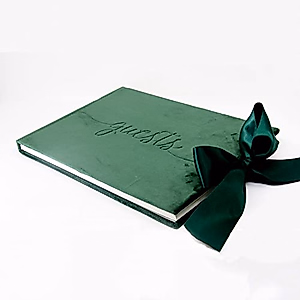 Rosh Pinnah Luxury Velvet Guest Book (96 Pages) - Sign-in Registry Guestbook & Keepsake & Polaroids Album Book – Velvet Hard Cover with Satin Ribbon - 7” x 10" (Green)