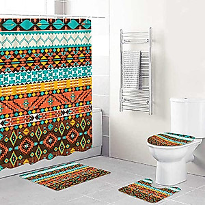 DONMYER 4 Pcs Shower Curtain Sets with Rugs,Aztec Southwest Native American Tribal Navajo Indian Ethnic Geometric Boho Striped Art,Shower Curtain Sets with 12 Hooks Shower Curtain for Bathroom Set