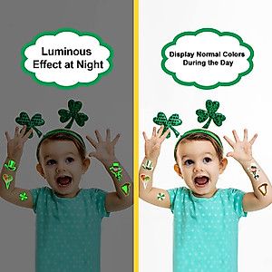 Cerlaza Glow St.Patricks Day Tattoos for Kids, Luminous St.Patricks Day Temporary Tattoos for Boys and Girls, Irish Shamrock Flag Hat Balloons Tattoo Stickers for Party Favors Supplies-10 Sheets