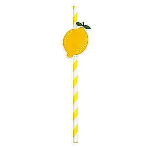 Lemon Biodegradable Paper Straws，Lemon Birthday Party Striped Decorative Straws - Set of 20.