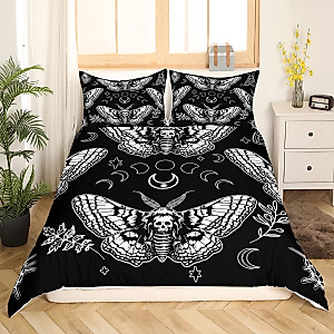 Death Moth Duvet Cover Set Queen Size Youth Gothic Skull Bedding Set 3pcs for Kids Boys Teens Room Decor, Moth Skeleton Skull Comforter Cover Moon Stars Quilt Cover with 2 Pillowcases, No Comforter