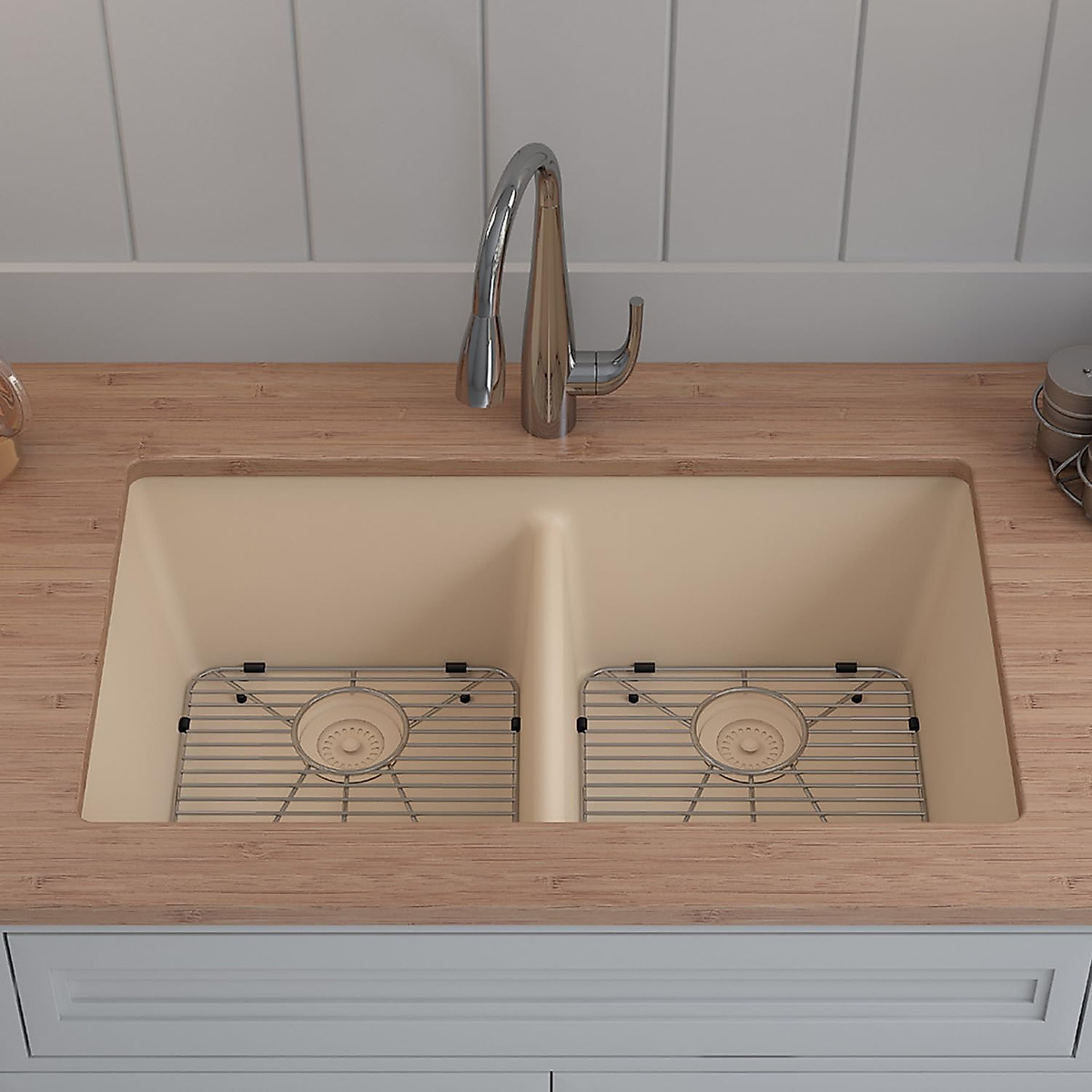 32" x 19" Quartz Kitchen Sink, 50/50 Double Bowl Kitchen Sinks, Drop-in Sink, Undermount Sink, Galaxy Beige Kitchen Sink, Double Sink Kitchen, Grids, Strainer and Flange, Lexicon Platinum LP-5050-B