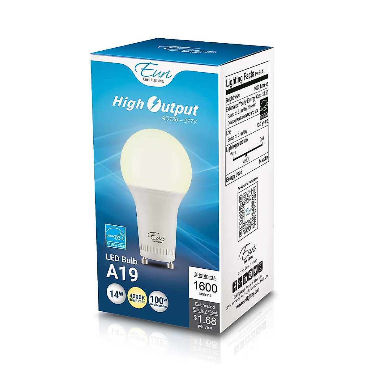 Euri Lighting EA19-14W1140eGV, LED Multi-Volt 120-277V A19, 14W (100W Equivalent), 4000K (Bright White) GU24 Base, Damp Rated, UL & Energy Star, 3YR 15K HR Warranty
