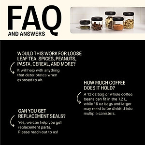 Fellow Atmos Vacuum Coffee Canister & Food Storage Container - 1.2 Liter Canister holds up to 16 oz of Coffee Beans - Airtight Food Storage Containers - Coffee Containers - 1.2 Liter - Clear Glass