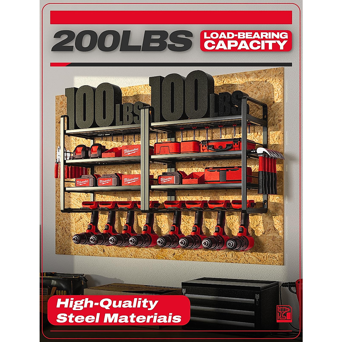 Amoowis Power Tool Organizer Wall Mount, 4 Layers Power Tool Storage Rack, Drill Holder Storage, Cordless Tool Organizer, Garage Organization and Storage, Floating Tool Shelf for Pegboard