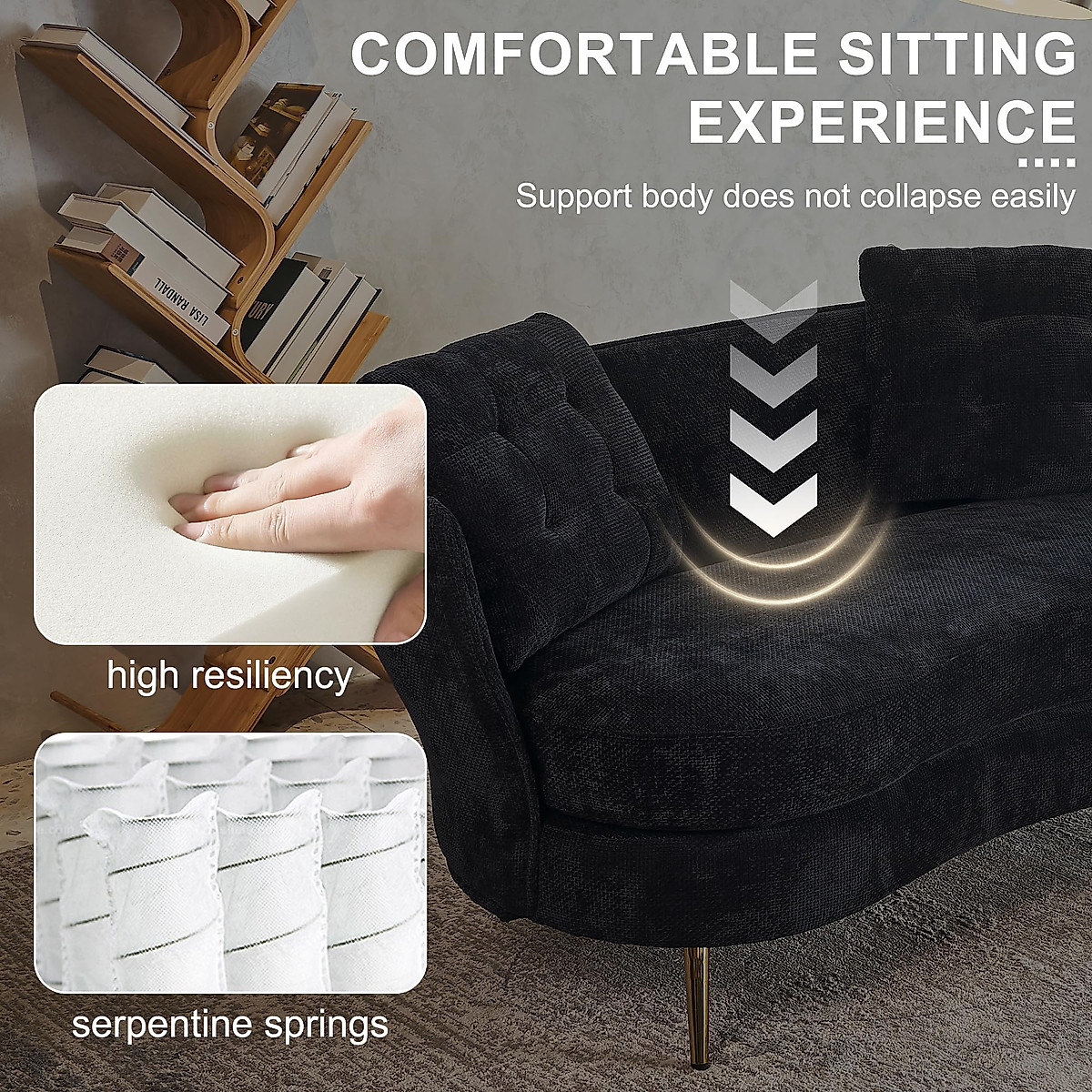 Holaki 64.20"Modern Loveseat Sofa for Living Room,Comfy Upholstered Sofa Couch with Golden Metal Legs & 2 Pillows,Velvet Fabric Sofa Chair with Solid Wood Frame for Apartment Office Small Space(Black)