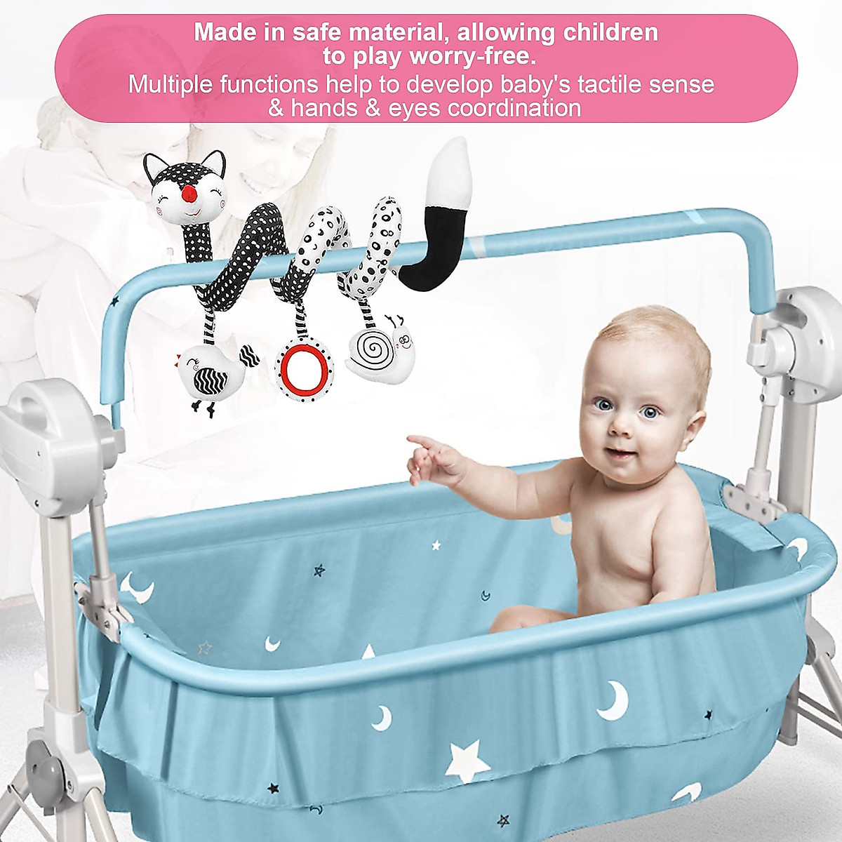 Car Seat Toys, Baby Activity Spiral Plush Toys, Black White Infant Hanging Rattle Toys for Crib Mobile Bed Stroller Bassinet, Gift for 0-18 Months Newborn