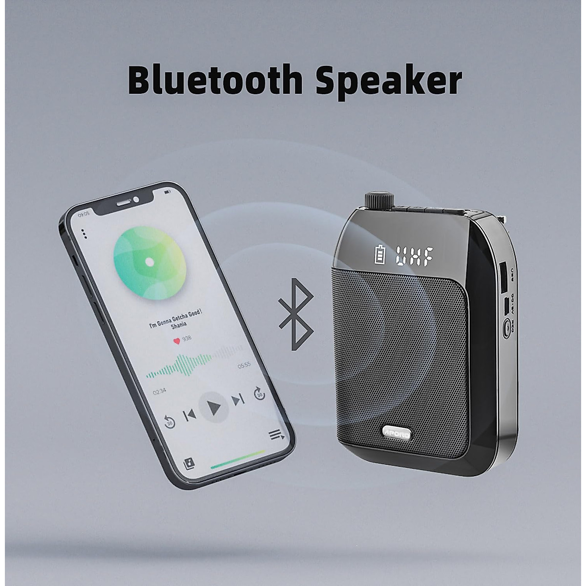 Wireless Voice Amplifier, 15W Rechargeable Portable PA System (2400mAh) Bluetooth Speaker with UHF Wireless Microphone for Teachers, Tour Guide and More