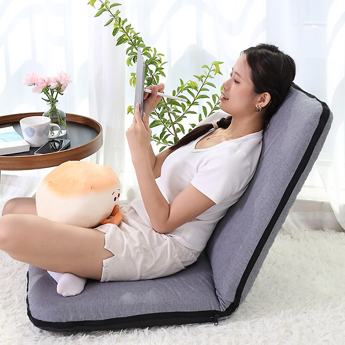 PBTMCD 5 Adjustable Position - Floor Chair with Back Support, Removable & Washable Linen Fabric Cover Living Room Folding Chair, Meditation Chairs (Color : White)