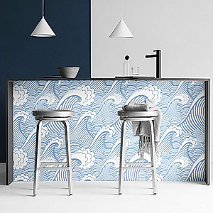 Blooming Wall CPS030 Peel&Stick Handpainting Seamless Blue White Waves Sea Sprays Self-Adhesive Prepasted Wallpaper Wall Mural (17.7“x118”)