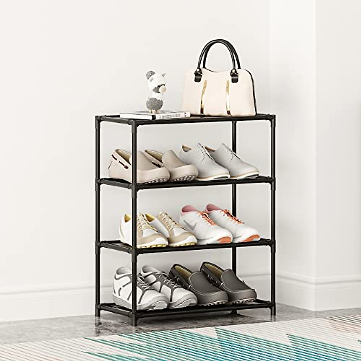 Vockot Small Shoe Rack 6-8 Pairs Sturdy Shoe Shelf 4-Tiers Narrow Stackable Shoe Organizer,Lightweight Kids Shoe Racks for Entryway, Doorway and Closet（Black）