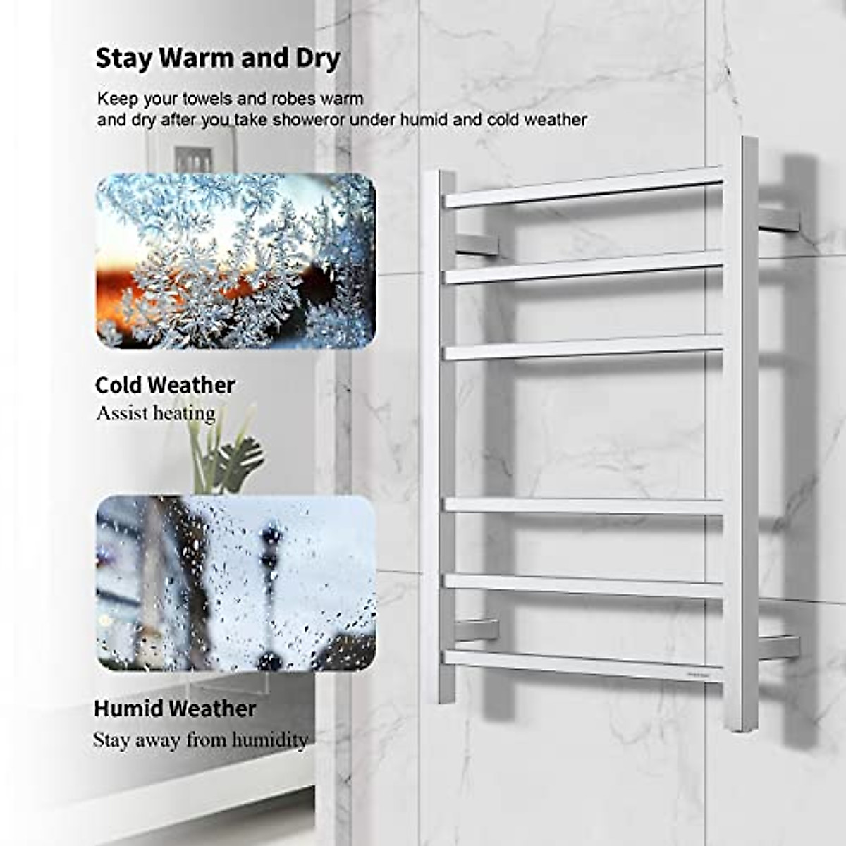 SHARNDY Towel Warmer Brushed Nickel for Bathroom Wall Mounted Bath Towel Heater Plug-in Electric Heated Towel Rack Stainless Steel Square 6 Bars Drying Rack ETW13C 68W 26.77x20.47x4.13 inches