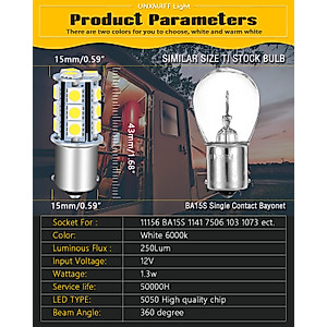 UNXMRFF 1156 LED Bulb White Super Bright 1073 1003 BA15S 7506 1141 LED Bulbs 5050 18-SMD Replacement for 12V RV Interior Ceiling Dome Light/Travel Trailer/Boat Indoor/Camper Light Bulbs (Pack of 6)