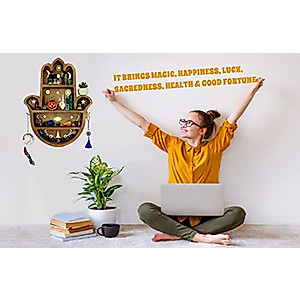 TAMIM CRAFTS Wooden Hamsa Shelf for Crystals- Large 20 Inch Crystal Display Shelf for Stones, Crystal Holder Shelf, Essential Oil Display, Hand Crystal Shelf for Room Decor, Hamsa Wall Décor