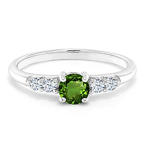 Gem Stone King 925 Sterling Silver Green Chrome Diopside and White Created Sapphire Engagement Ring For Women (0.67 Cttw, Available In Size 5, 6, 7, 8, 9)