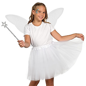 Funcredible Fairy Costume Accessories - White Fairy Wings and Fairy Star Wand, Glitter - Tooth Fairy Cosplay Outfit for Women and Girls