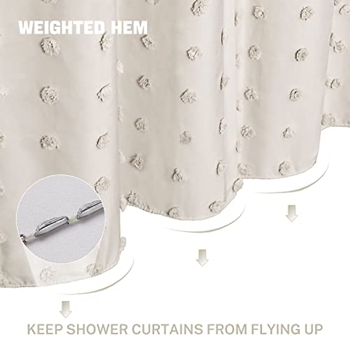 Boho Farmhouse Beige/Cream Shower Curtain Woven Fabric Cute Shower Curtain, 72 x 72 Tufted Pleat Floral Puffs Textured Modern Farmhouse Minimalist Shower Curtain Set with Hooks for Bathroom