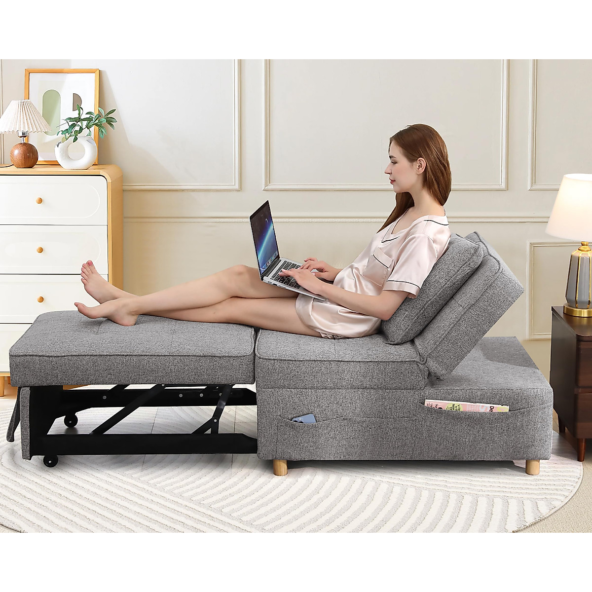 SEJOV Convertible Sofa Bed, 4-in-1 Sleeper Sofa Chair Bed with 6 Adjustable Backrest and Pillow,3-Seat Folding Ottoman Couch Bed Linen for Bedroom Small Space Living Room Office, Grey