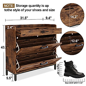 Hooseng Shoe Cabinet, Wooden Shoes Rack Shoe Storage Cabinet with 2 Flip Drawers & 1 Small Drawer Small Shoe Rack Organizer Freestanding Tipping Bucket Shoe Rack for Entryway, Hallway, Rustic Brown
