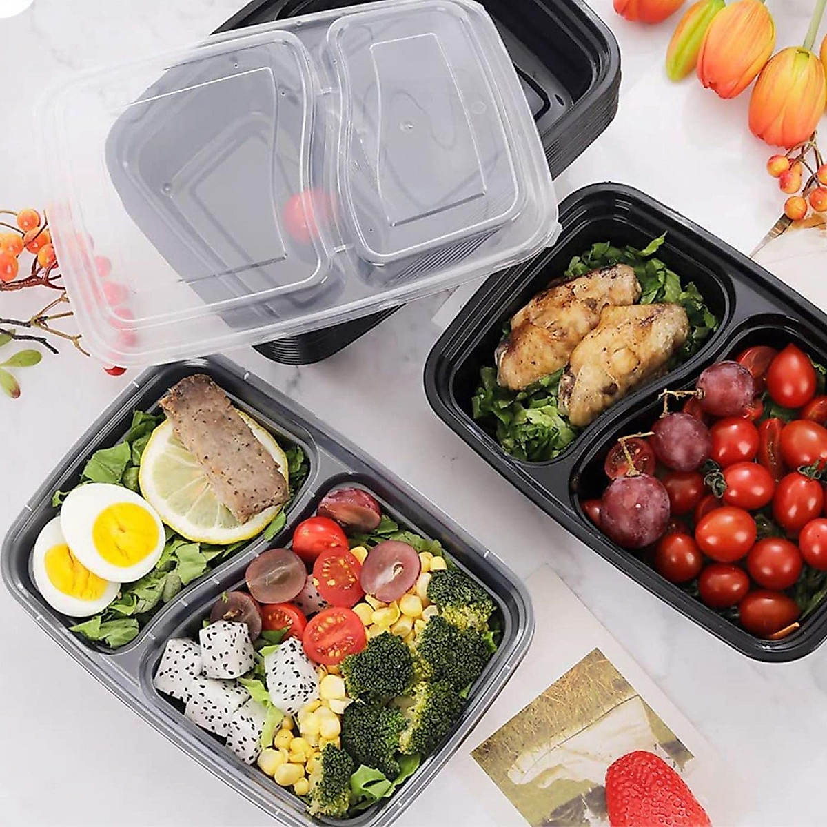 Meal Prep Container with Lids, 50 Pack Divided Food Storage Containers Microwave Safe 2 Compartment Disposable Bento Box Reusable To-go Container Plastic Bento Lunch Box (33 oz)