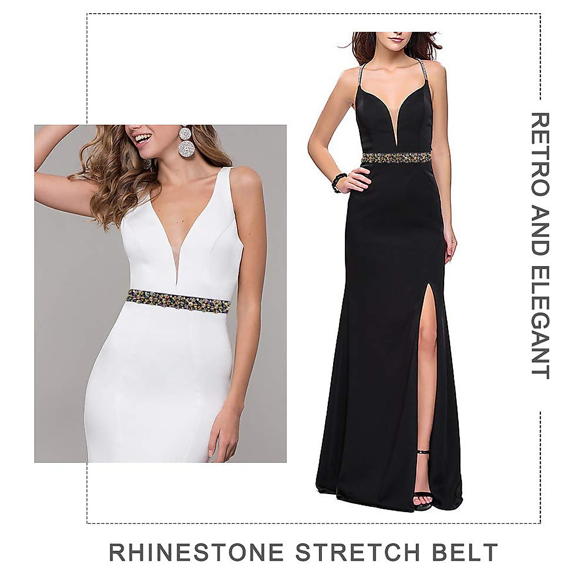 Dorchid Women Rhinstone Belt Full Crystal Buckle Cummerbund Wide Elastic Waistband 7 Colors Long Champagne