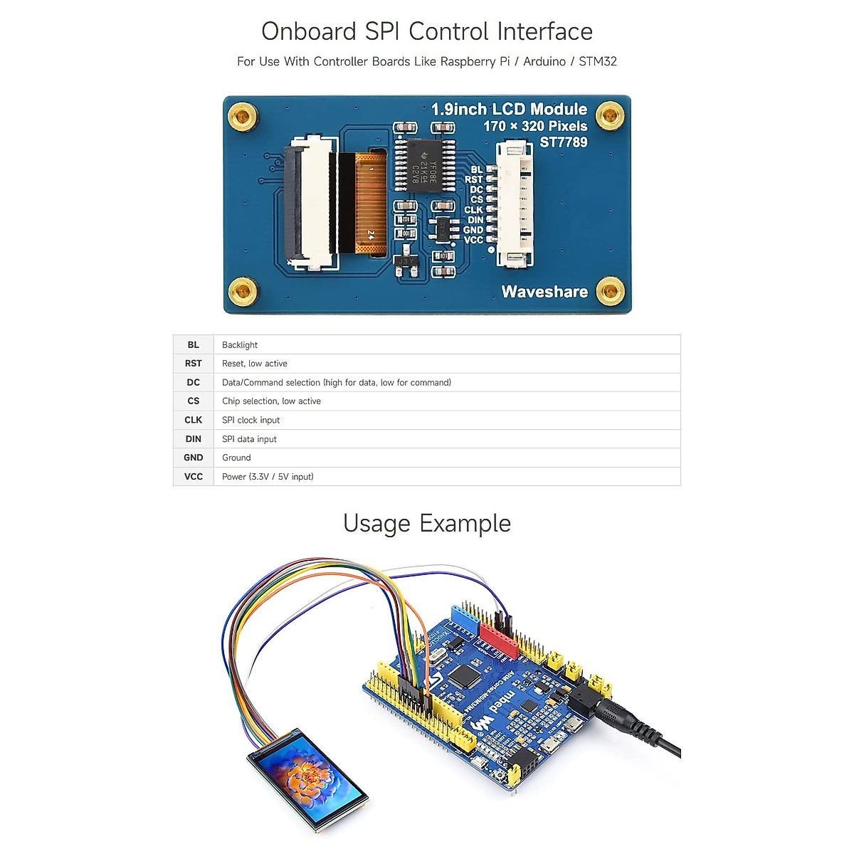 Waveshare 1.9inch LCD Display Module, 170×320 Resolution, SPI Interface, IPS, 262K Colors
