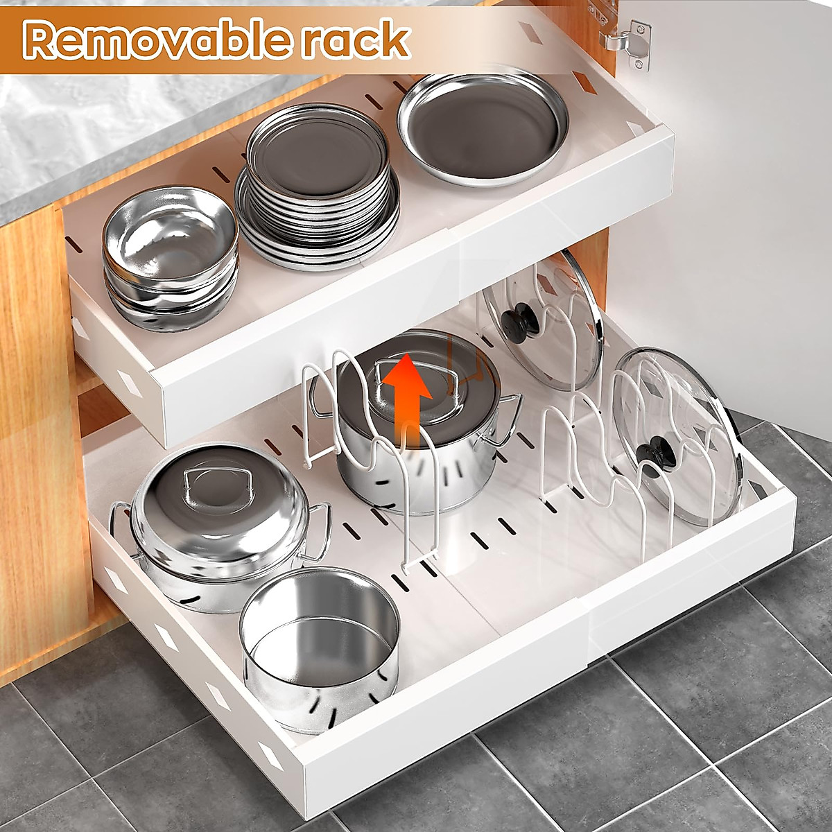 Pull Out Cabinet Organizer Pull Out Drawers for Cabinets with 4pcs Divider Racks, 12.8"-20.5" W and 16.5" D Adjustable Heavy Duty Cabinet Pull Out Shelves Kitchen Cabinets Slide Out Drawers