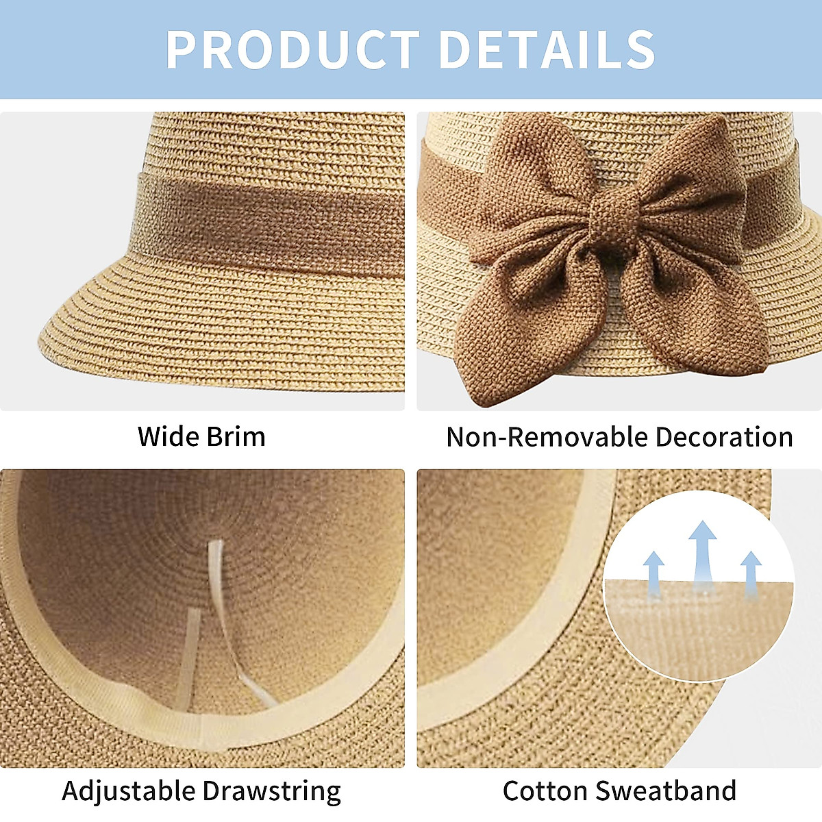 Women Sun Straw Hat Cloche Hat Summer Hat for Women 1920s Vintage Hat Foldable Packable for Beach Vacation