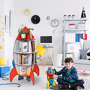 Lineshading Space Rocket Bookshelf Kids 4 Tier Wooden Toy Storage Organizer Display Cabinet Bookshelf Baby Toddler Book Shelves Book Rack for Girl Boy Playroom Classroom Nursery Living Room