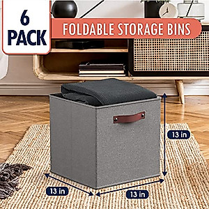 Ornavo Home Foldable Collapsible Storage Box Bins Linen Fabric Shelf Basket Cube Organizer with Leather Handles - Set of 6-13 x 13 x 13 - Gray
