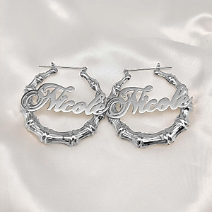 3UMeter Custom Bamboo Hoop Earrings for Women Silver Plated Custom Name Earrings Personalized for Women as a Jewelry Gift