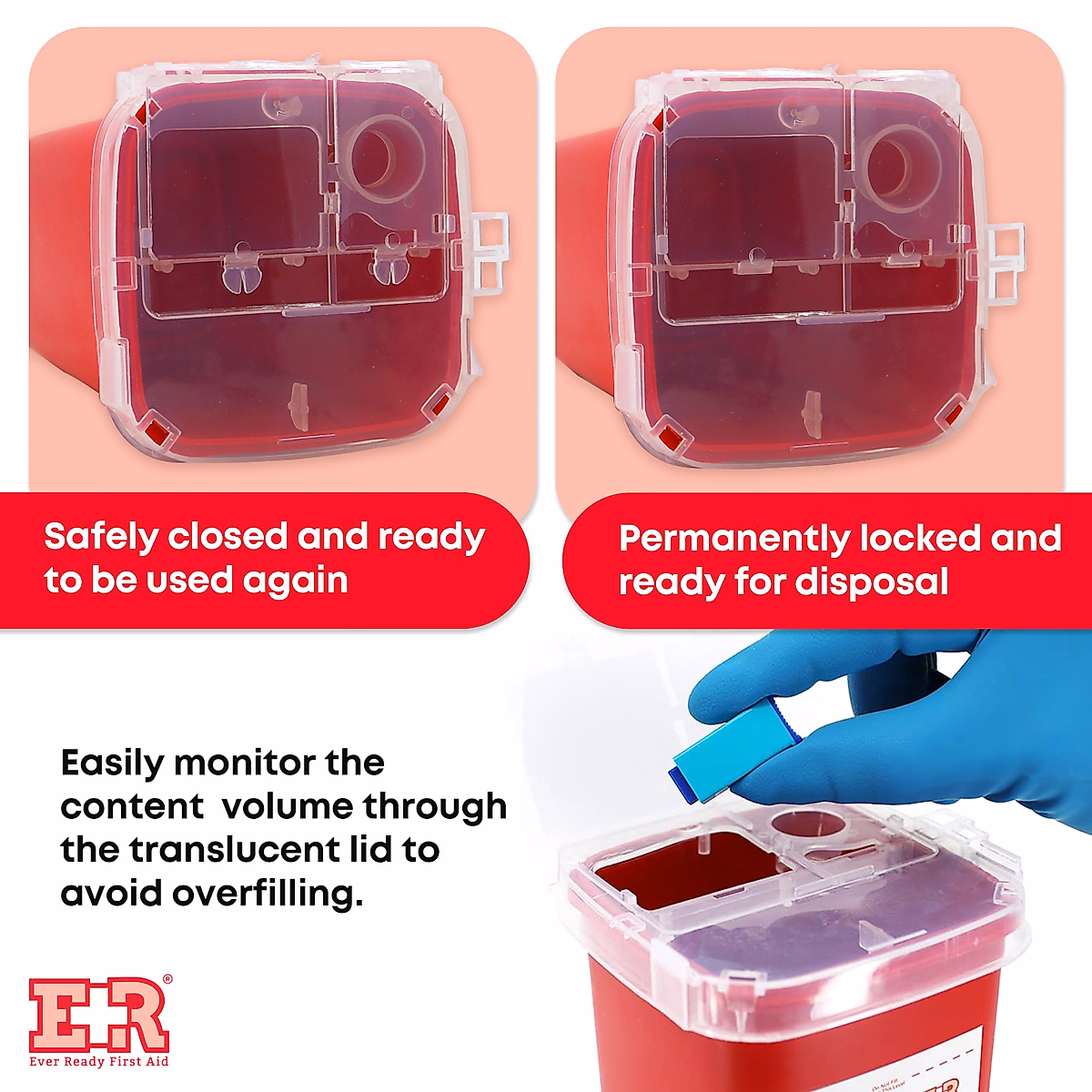 Ever Ready First Aid Sharps Container with Split Lid Design and Locking Mechanism for Sharp Waste Disposal, 1 Quart