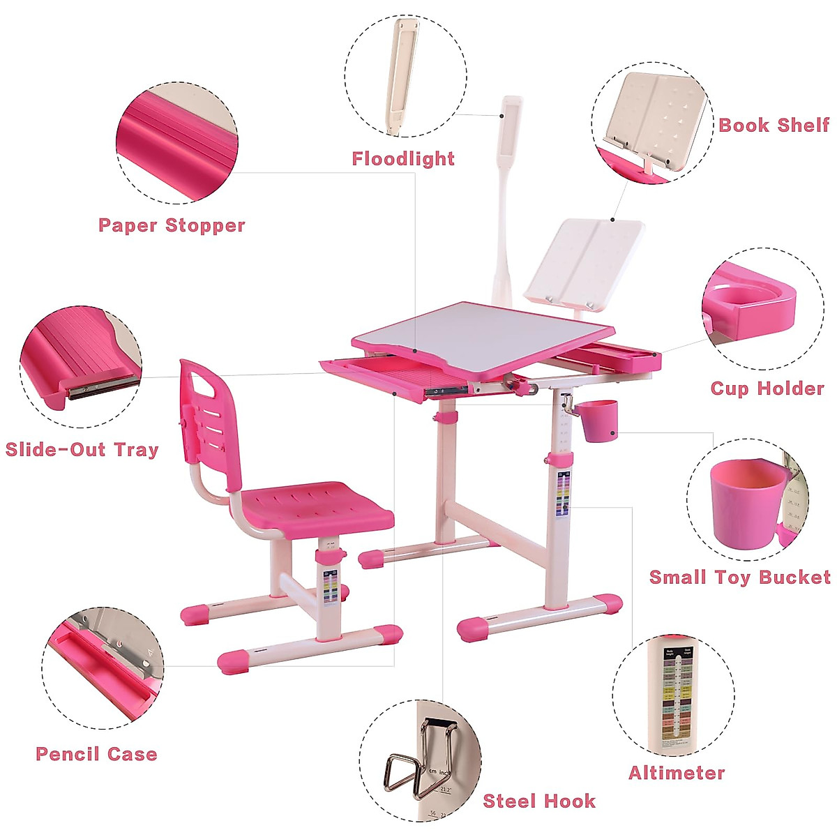 Napfox Desk for Kids Desk and Chair Set Kids Art Desk Drafting Table Desk Set with Adjustable Height, 40-Degree Tiltable Children Desktop, LED Light,Bookstand,Pink