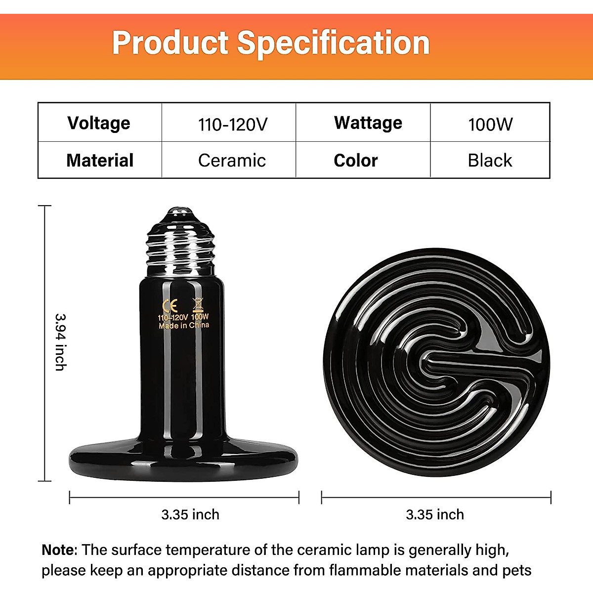 HealSmart Reptile Heat Lamp 100W Ceramic Heat Emitter, No Light Emitting Heat Bulbs for Amphibian Pet Brooder Coop Incubating Chicken, Lizard Bearded Dragon Turtle Snake Terrarium Black