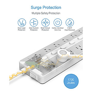 Power Strip with USB, Individual Switches, TESSAN 12 Outlets and 3 USB Ports, Long Extension Cord 6 Feet with Surge Protector for Home, Dorm and Office Accessories, 1700J Protection, Gray