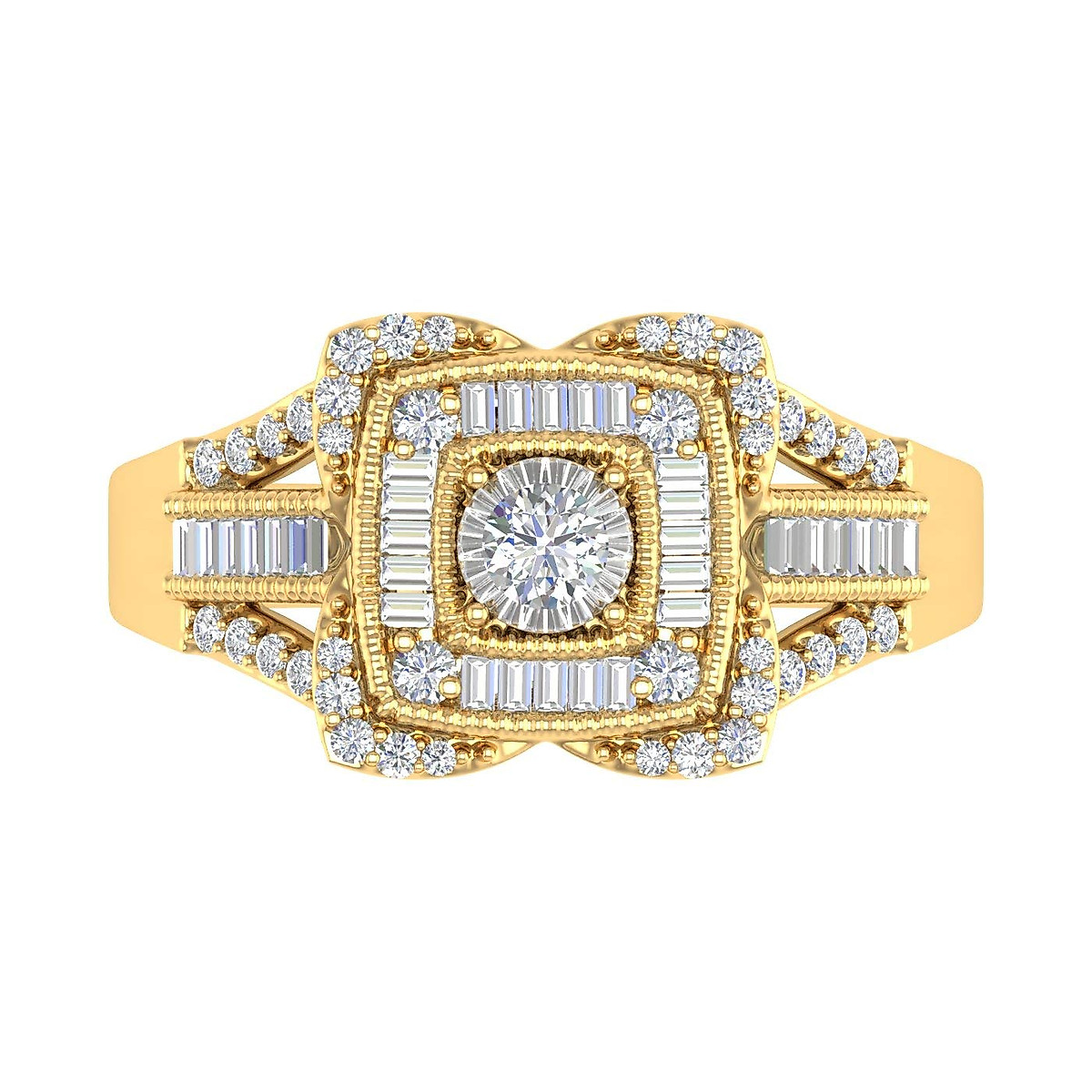FINEROCK 1/2 Carat Round & Baguette Shape Diamond Cushion Shaped Halo Ring in 10K Yellow Gold (Ring Size 5)