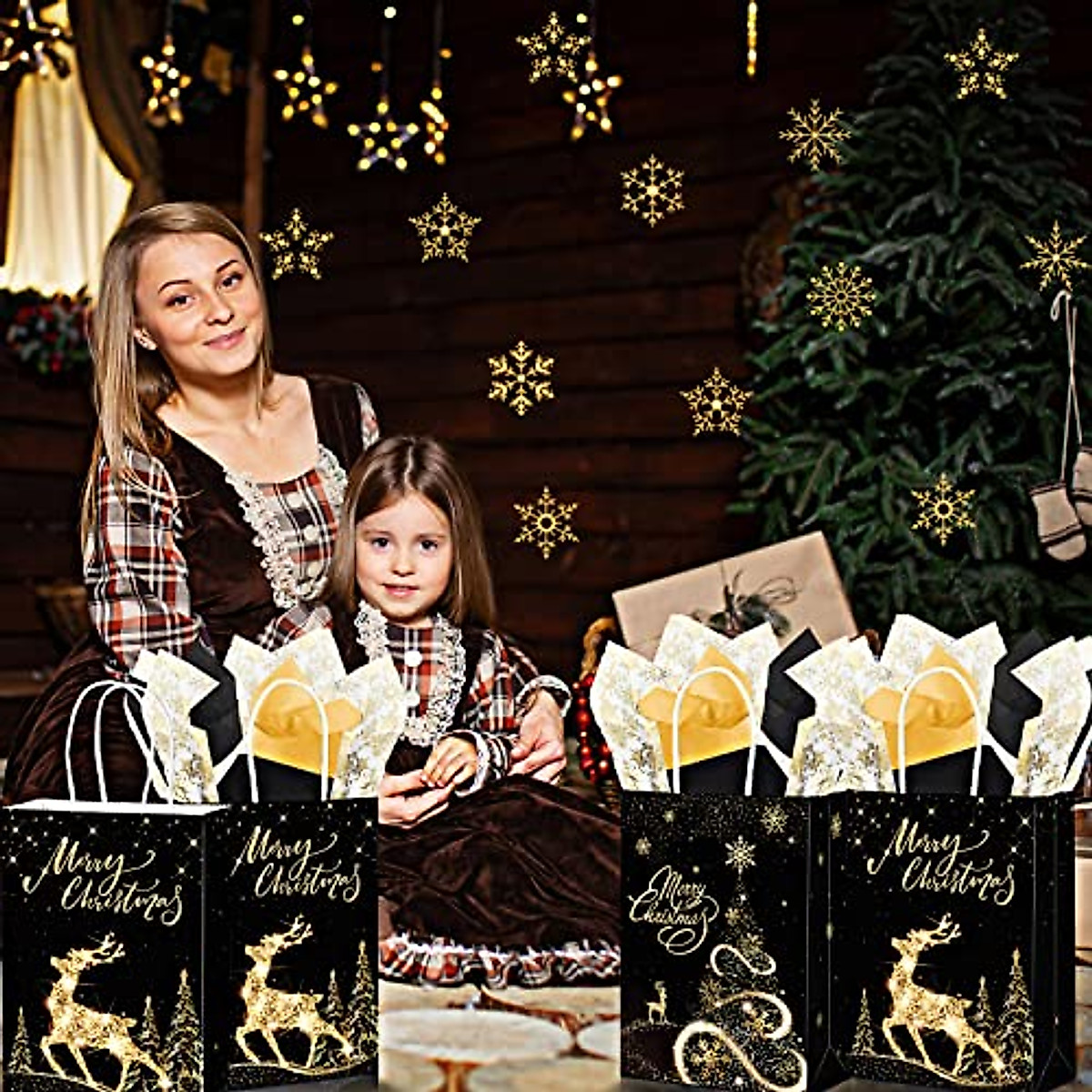 Funrous Gold Black Christmas Bags with Tissue Paper Xmas Black and Gold Gift Bags Metallic Gold Black Goody Treat Bags with Handles for Christmas Thanksgiving Candy Cookies Party Supplies (16 Pcs)