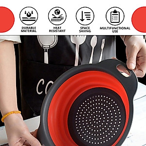 Round Collapsible Colander with Plastic Handles Round Silicone Kitchen Strainers Foldable Kitchen Strainer Perfect for Draining Pasta Vegetable and Fruit Red