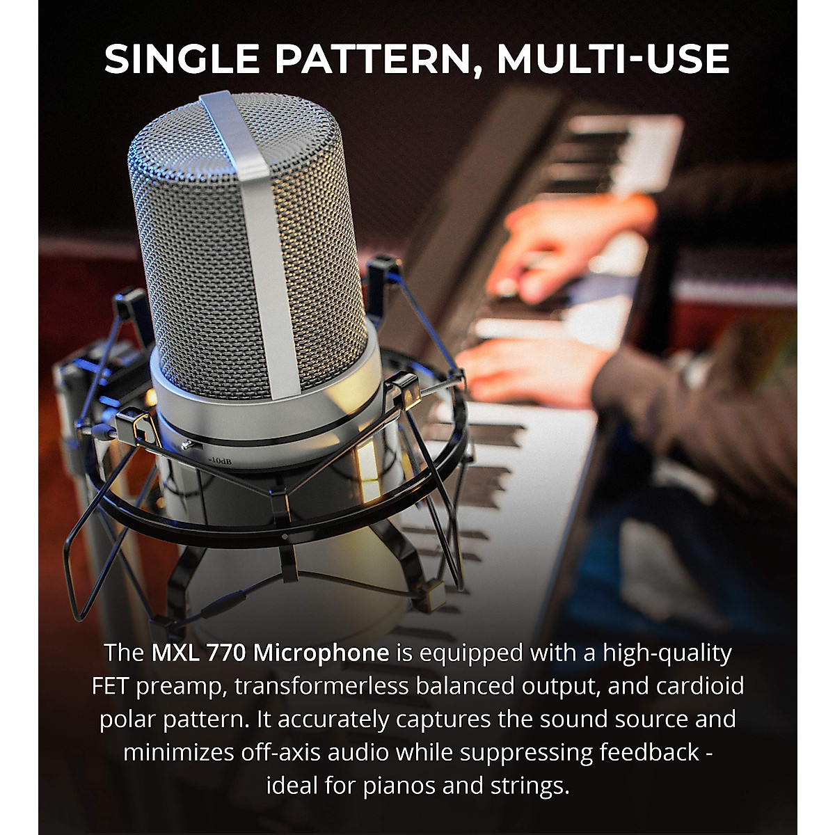 blucoil MXL 770 Cardioid Condenser Microphone (Silver) Bundle 20-FT Balanced XLR Cable, Pop Filter Windscreen, Adjustable Mic Stand, and 4-Pack of 12 Acoustic Foam Isolation Panel Wedges