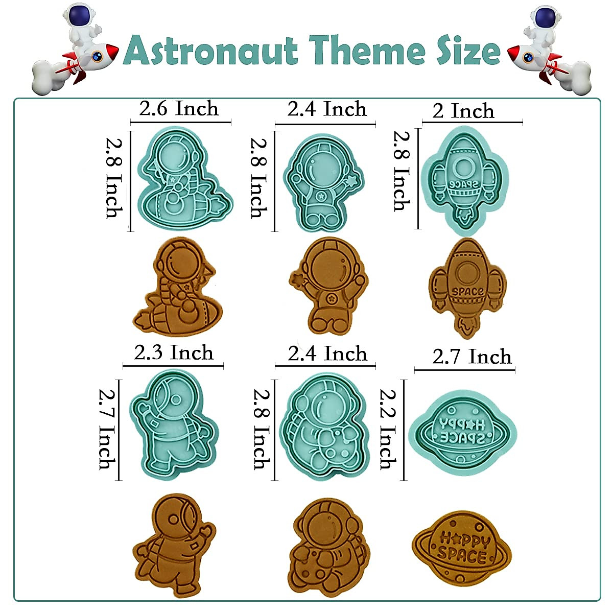 Astronaut 3D Cookie Cutters with Plunger Stamps Set, 6 Pcs Cartoon Pressable Biscuit Cutters Shape for Treats DIY Baking Cookie Supplies