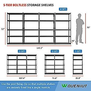 Woueniut Garage Storage Shelves, 72" Heavy Duty Metal Storage Utility Rack with Adjustable 5 Tier Shelving Storage Rack for Warehouse Basement Kitchen Living Room 35.8" W x 16" D x 72" H (4 Pack)