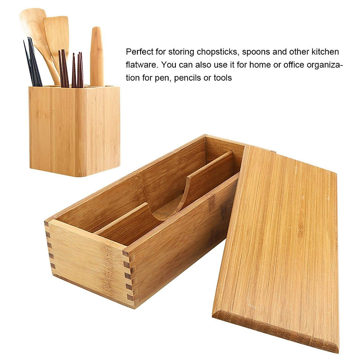 AUNMAS Utensil Holder With Divider and Clear Lid Drawer Flatware Organizer, 10.6×4.3×2.5inch, Japanese Chopsticks Box, Bamboo