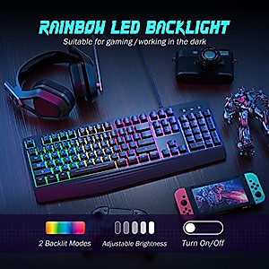yesbeaut Gaming Keyboard, 7-Color Rainbow LED Backlit, 104 Keys Quiet Light Up Keyboard, Wrist Rest, Whisper Silent, Anti-ghosting Multimedia Keys, Waterproof USB Wired Keyboard for PC Mac Xbox