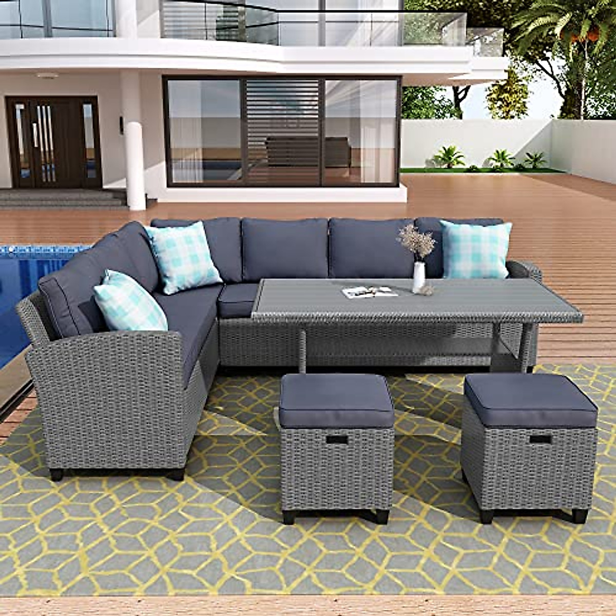 FZZDP 5 Pcs Outdoor Conversation Set Patio Furniture Set All Weather Wicker Sectional Couch Sofa Dining Table Chair w/Ottoman&Pillow (Color : D)