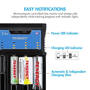 Tenergy T4s Intelligent Universal Charger, 4-Slot Battery Charger for Li-ion, LiFePO4, NiMH and NiCd Rechargeable Batteries,18650, 14500, 26650, AA AAA C Cell Battery Charger with Car Adapter